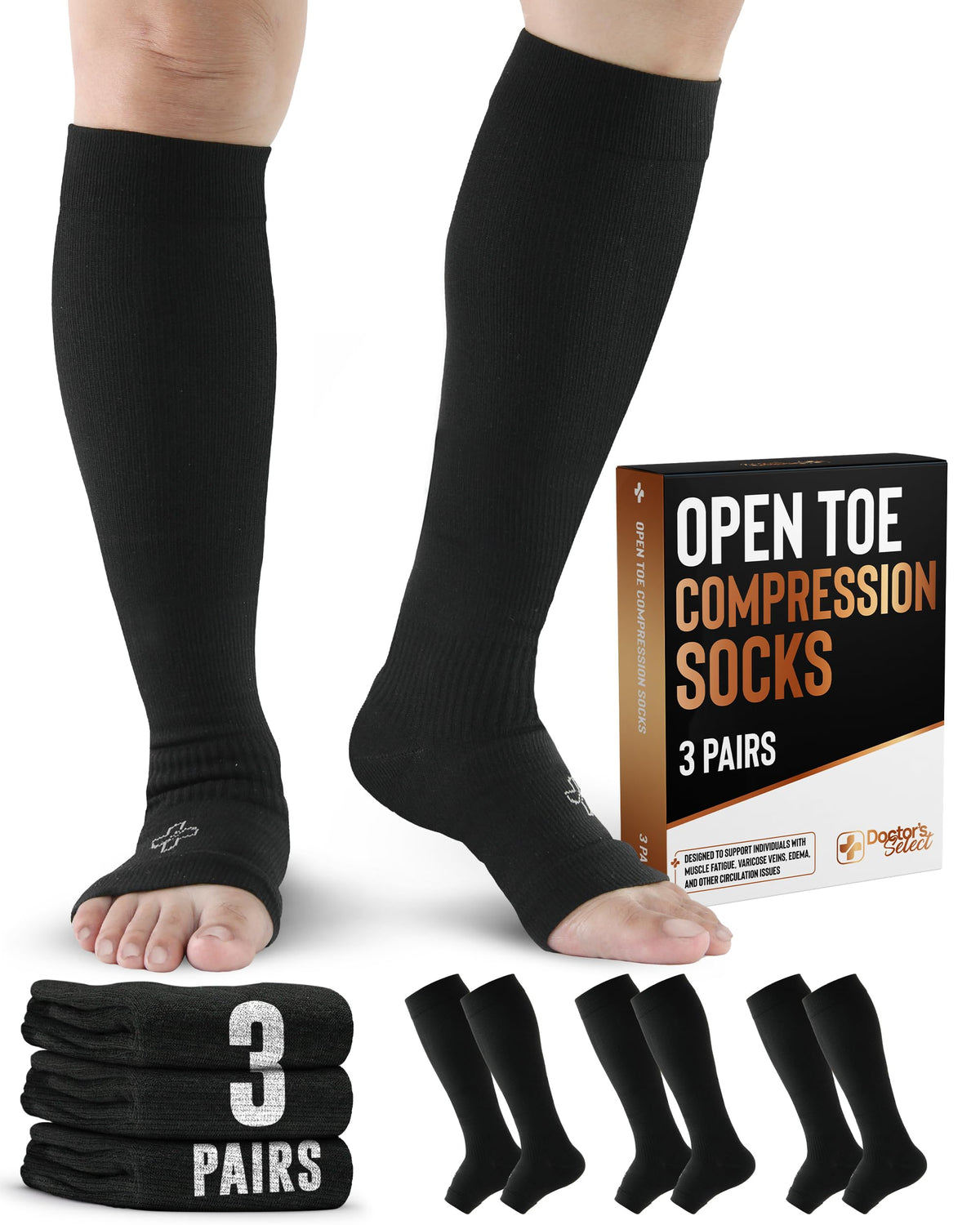 Doctor's Select 3 Pairs Copper Toeless Compression Socks Women & Men ...
