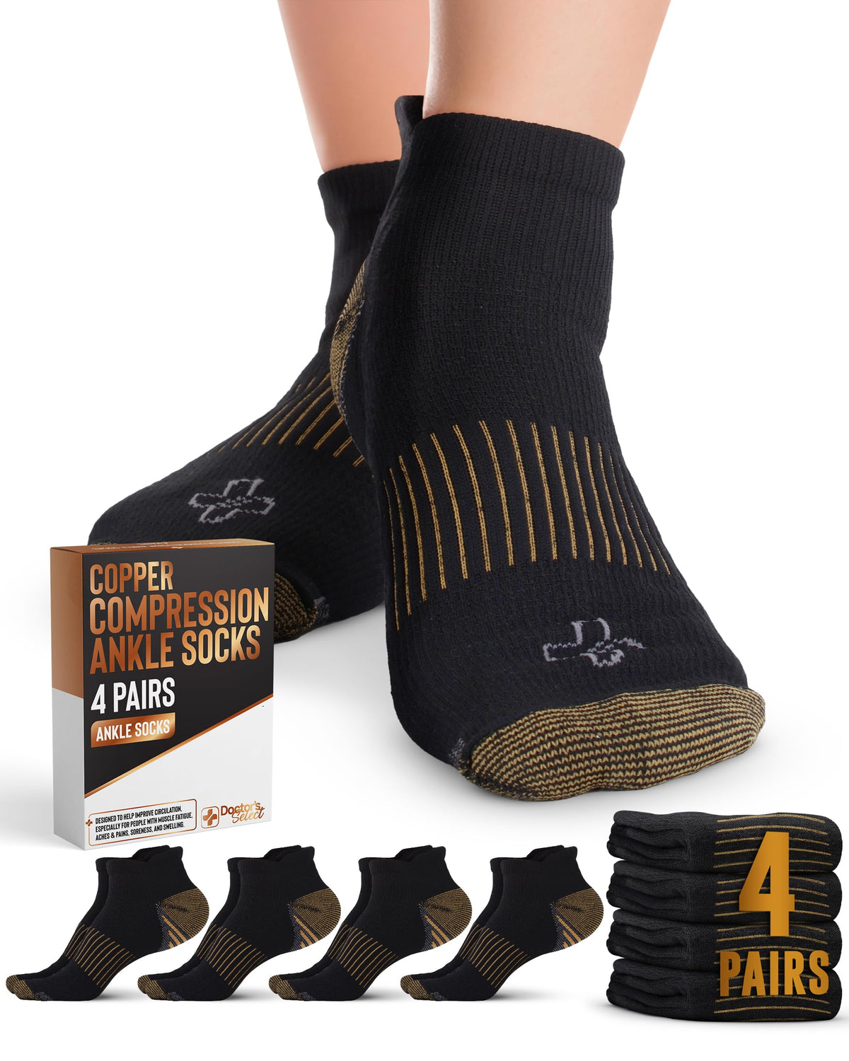 Doctor's Select Copper Ankle Compression Socks for Women and Men - 4 P ...